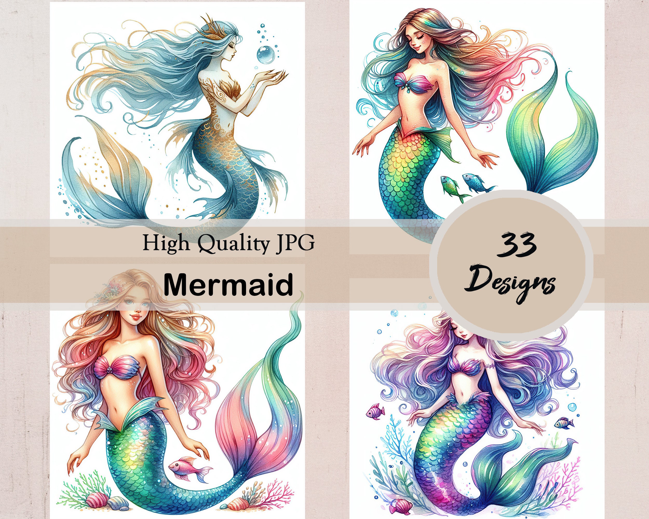 Mermaid, 33 JPG Images, Mermaid Clipart, Printable, Watercolor, Clipart ...