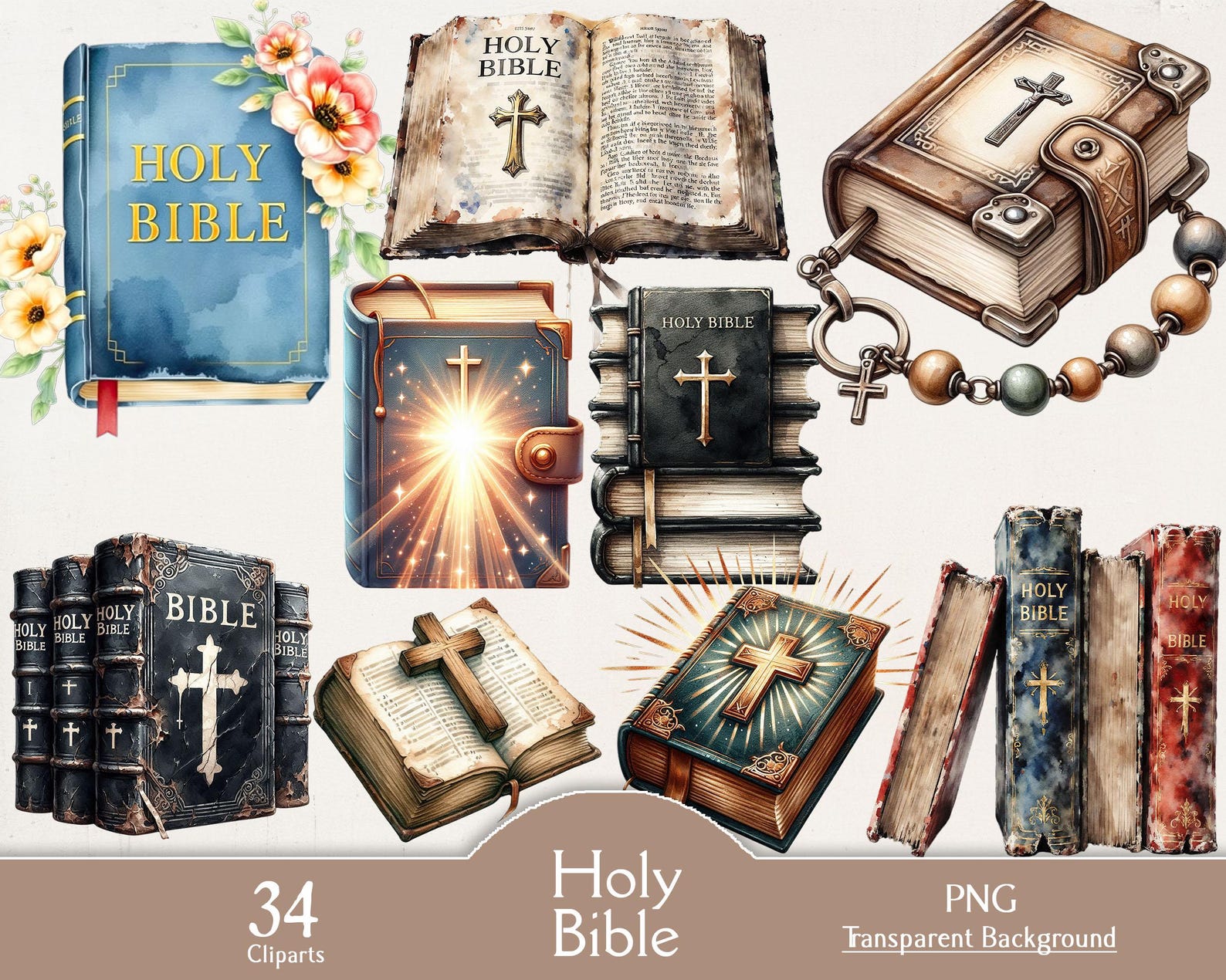Holy Bible Clipart Bundle, Watercolor Holy Book, 34 PNG Cliparts, Faith ...