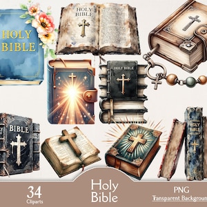 Holy Bible Clipart Bundle, Watercolor Holy Book, 34 PNG Cliparts, Faith ...