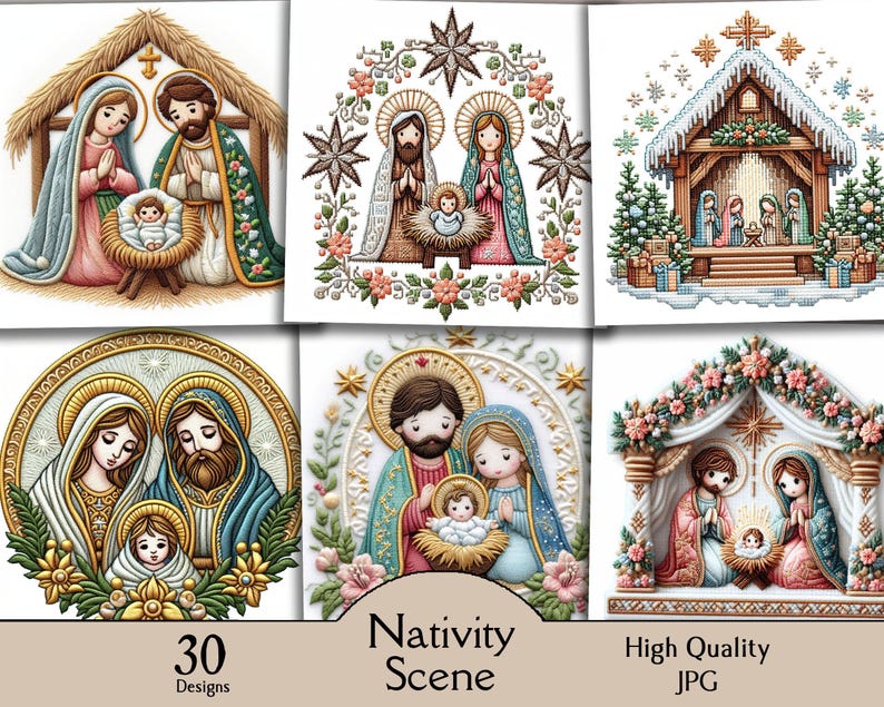 Nativity Scene, 30 JPG Images, Embroidered, Clipart, Christmas, Digital ...