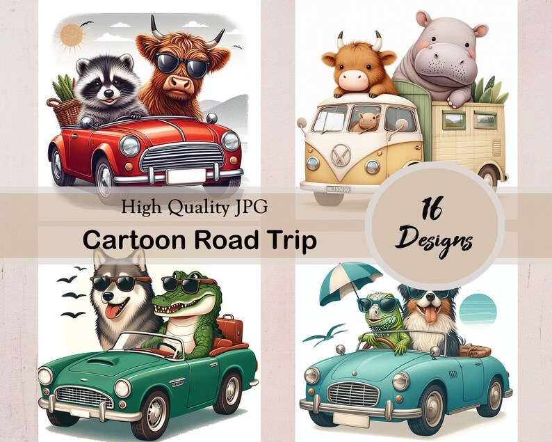 Cartoon Road Trip, 16 JPG Images, Clipart, Nursery, Baby Room, Baby ...