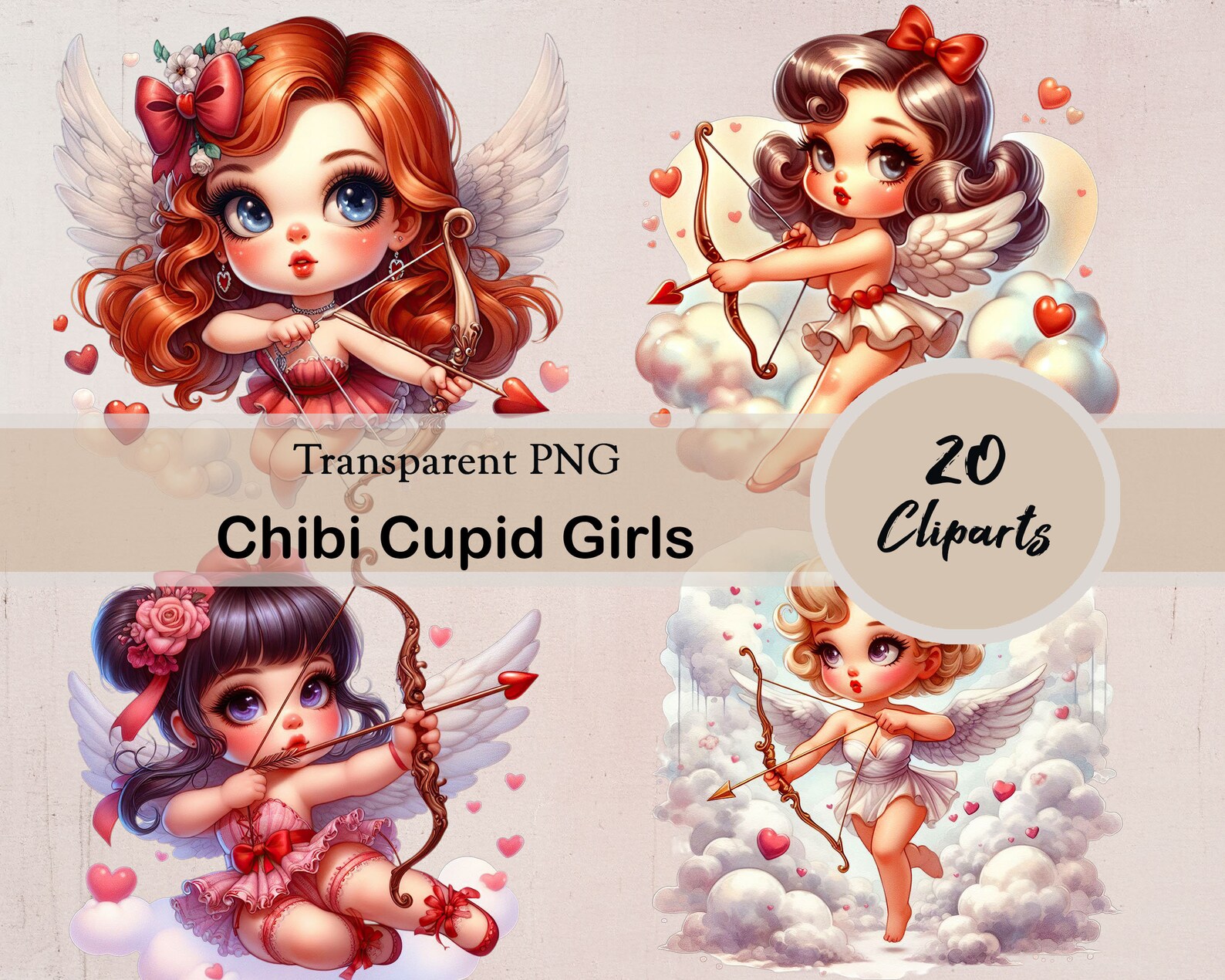 Chibi Cupid Girls, 20 Png Cliparts, Transparent, Valentine's Day ...
