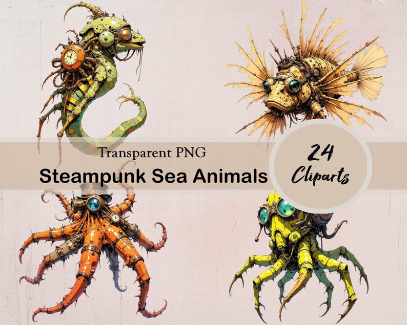 Watercolor Steampunk Sea Animals Clipart Bundle, 24 PNG Cliparts ...
