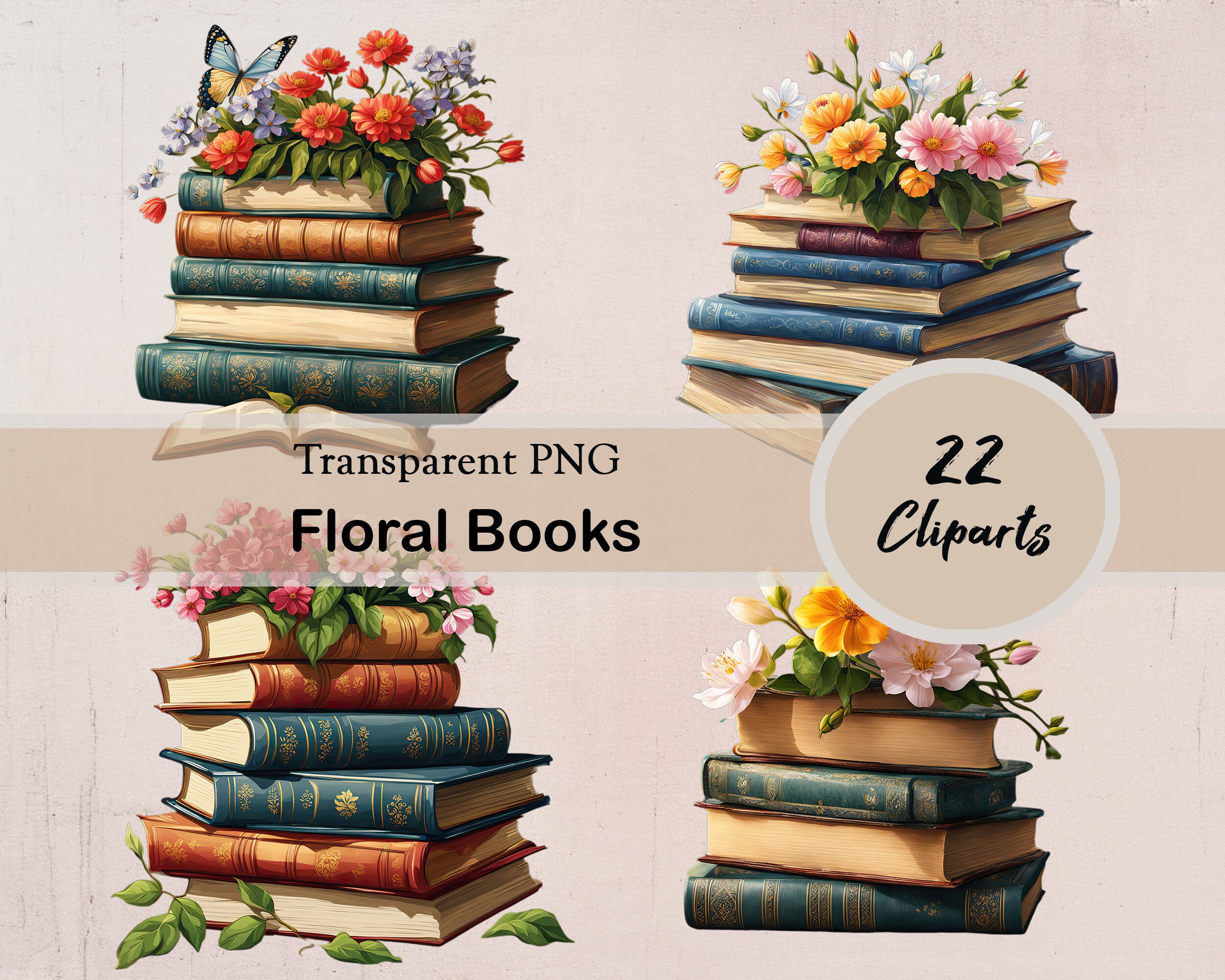 Floral Books, 22 PNG Cliparts, Spring Books, Digital, Download, Flower ...