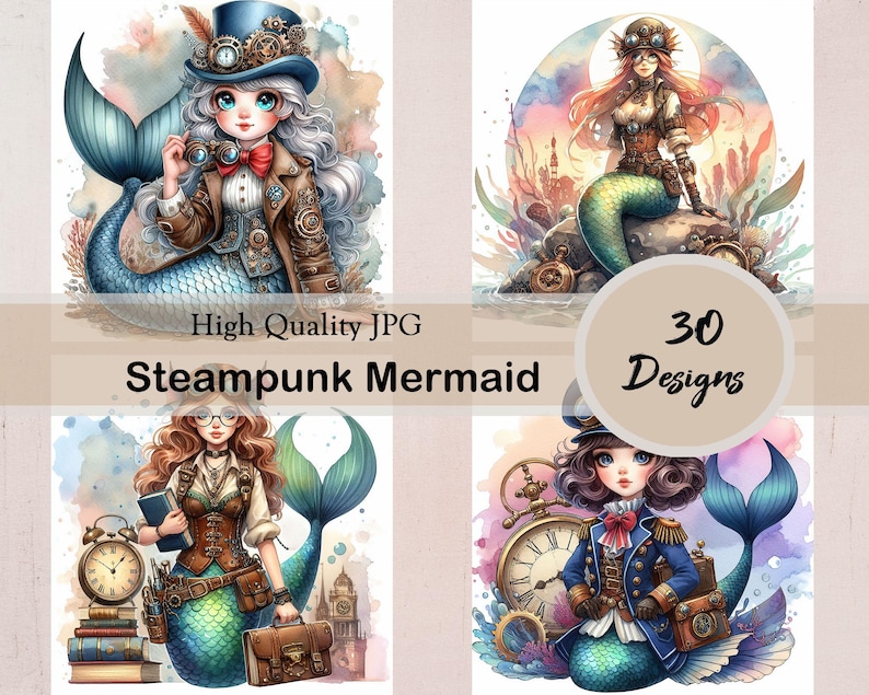Steampunk Mermaid, 30 JPG Images, Mermaid Clipart, Printable ...