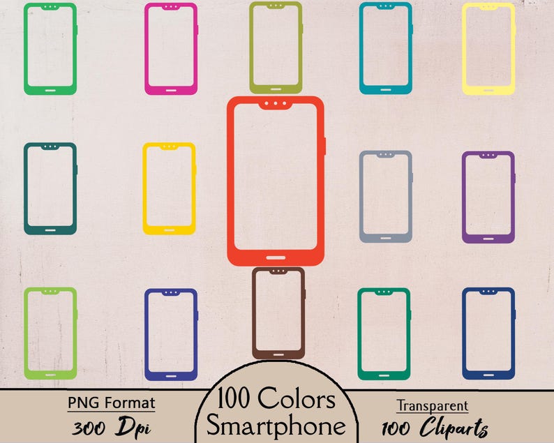 100 Smartphones, 100 Colors Smartphone, 100 PNG Cliparts, Digital ...