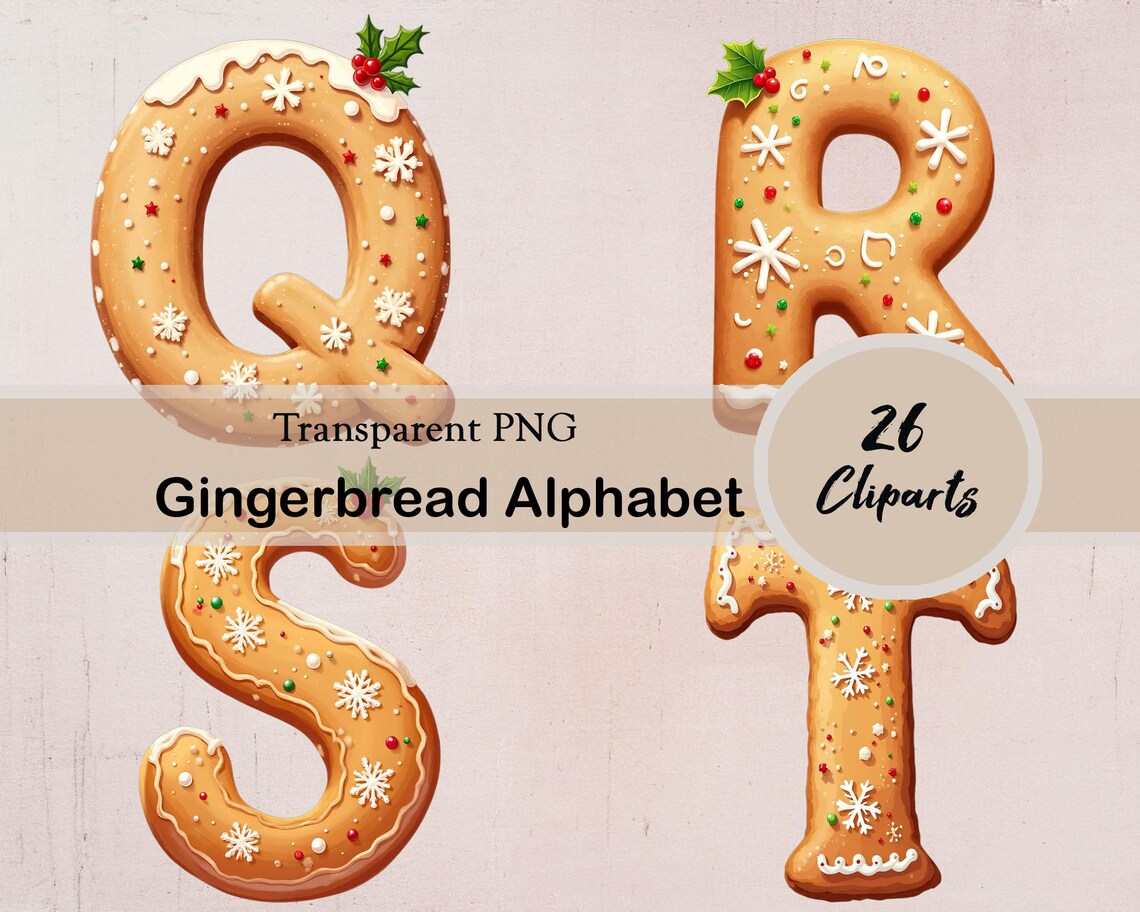 Gingerbread Alphabet Clipart, Christmas Alphabet, 26 PNG Cliparts ...