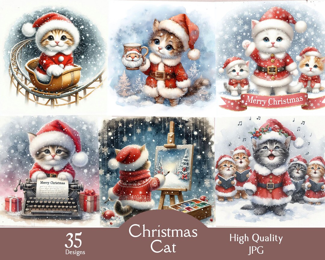 Christmas Cat, 35 JPG Images, Clipart, Cute Kitten, Christmas, Digital ...