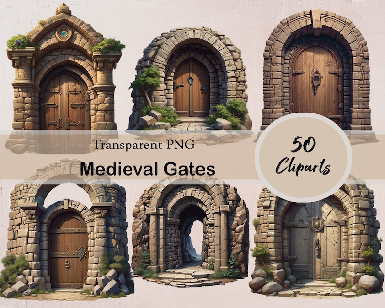 Medieval Gates, 50 PNG Cliparts, Fantasy Wooden Doors, Dungeon Entrance ...