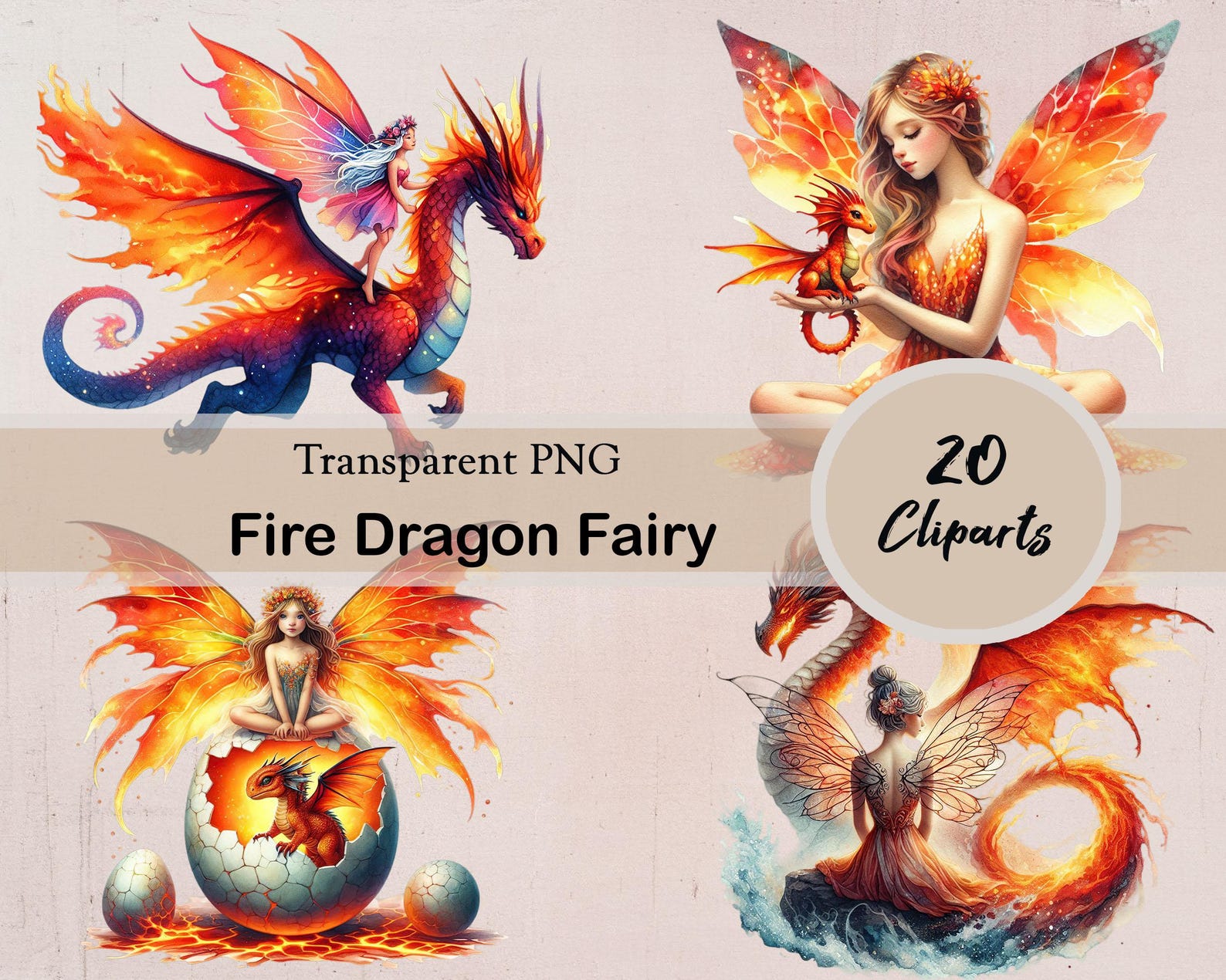 Watercolor Fire Dragon Fairy Clipart Set, Fire Themed Fairies With ...