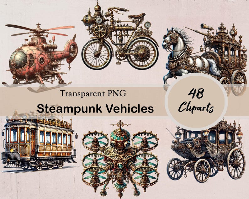 Steampunk Vehicles, 48 PNG Steampunk Cliparts, Watercolor, Steampunk ...