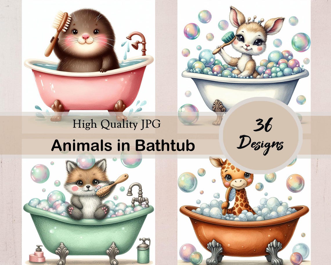 Bathtube Animals, 36 JPG Images, Bubble Bath Animals, Nursery, Wall Art ...