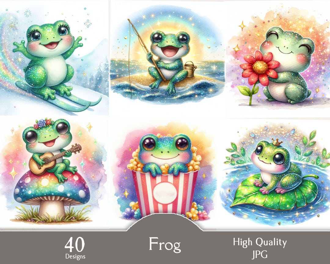 Watercolor Cute Frog Clipart Bundle, Glittery Frogs, 40 JPG Images ...