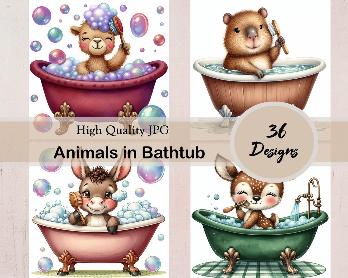Bathtube Animals, 36 JPG Images, Bubble Bath Animals, Nursery, Wall Art ...