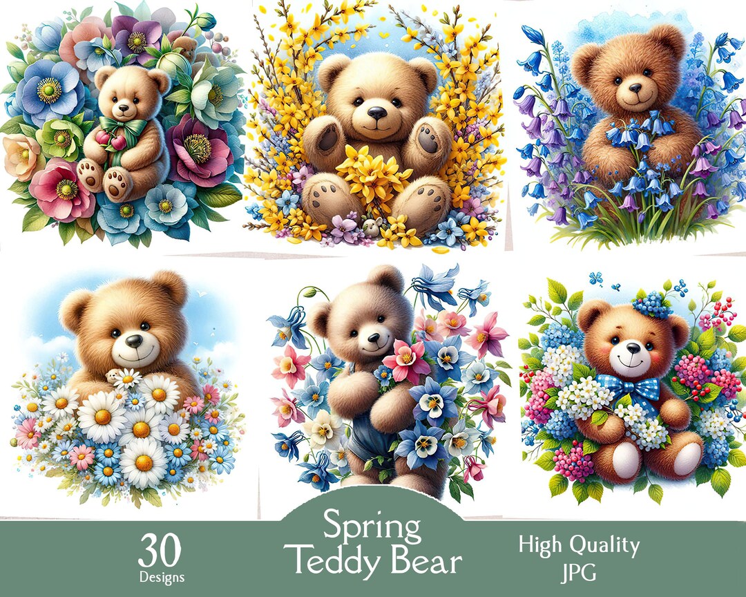 Spring Teddy Bear, 30 Jpg Images, Flowers, Spring, Clipart, Digital ...