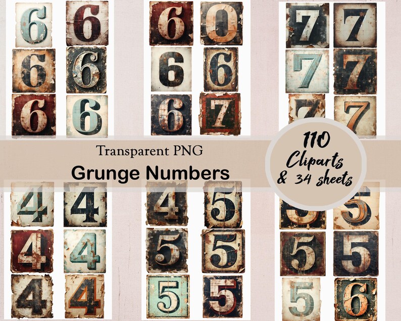 Grunge Numbers, Vintage Labels, 110 PNG Cliparts, Printable Sheets ...