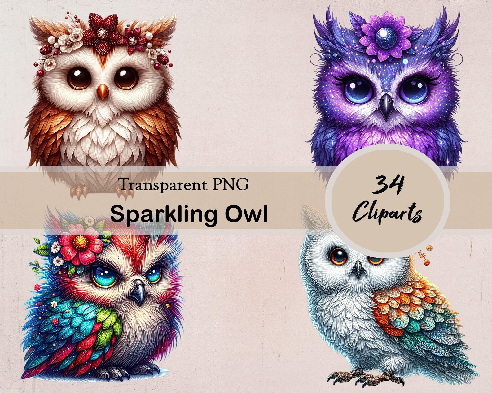 Sparkling Owl Clipart, 34 PNG Cliparts, Owl Clipart Bundle, Sublimation ...