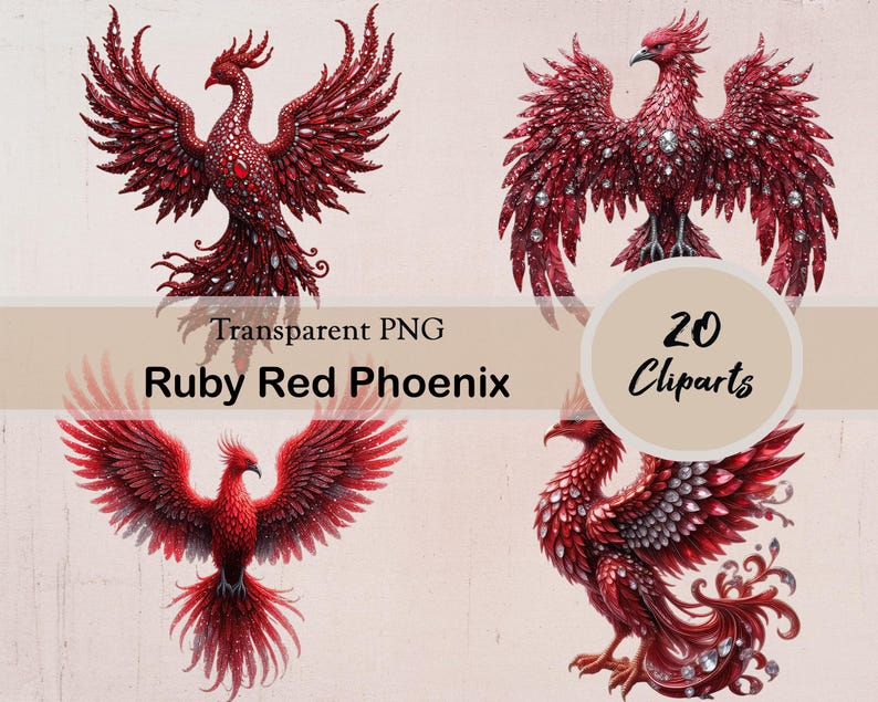 Ruby Red Phoenix Clipart, Glitter Legendary Phoenix, 20 PNG Cliparts ...