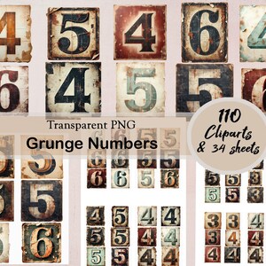 Grunge Numbers, Vintage Labels, 110 PNG Cliparts, Printable Sheets ...
