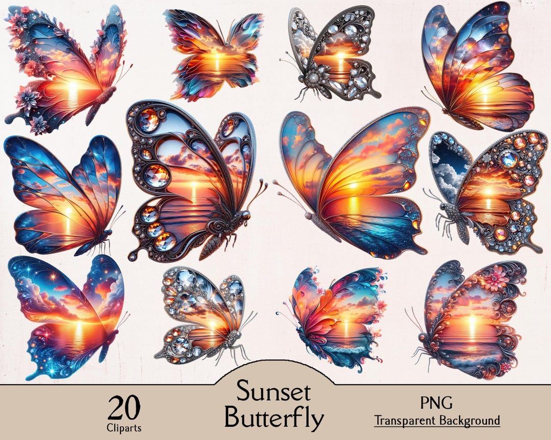 Sunset Butterfly, Sparkling Butterfly, 20 PNG Cliparts, Foil Butterfly ...