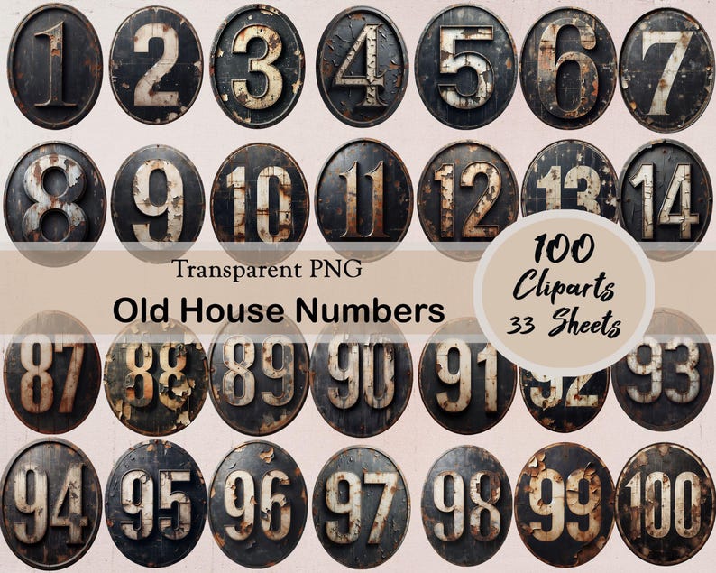 Old House Numbers, 100 PNG Cliparts, Printable Sheets, Fussy Cuts ...