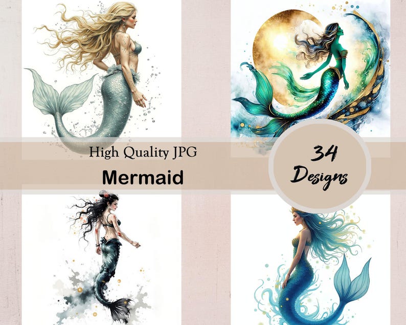 Mermaid, 34 JPG Images, Mermaid Clipart, Printable, Watercolor, Clipart ...