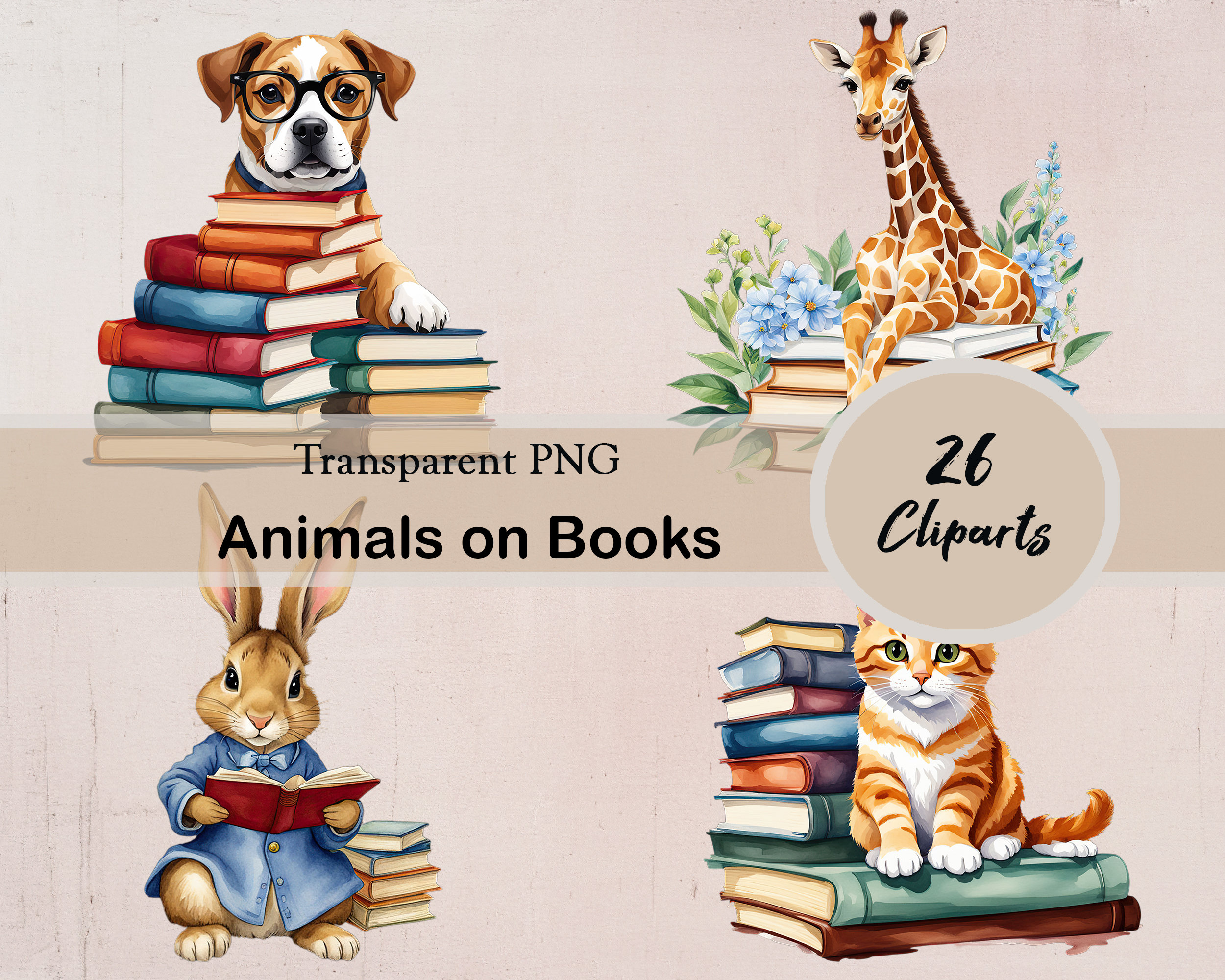 Animals on Books, 26 PNG Cliparts, Animal Books, Digital, Download ...
