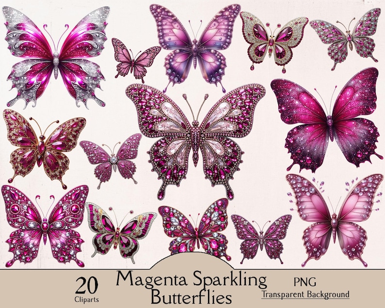 Magenta Sparkling Butterfly, Purple Glitter Butterfly, 20 PNG Cliparts ...