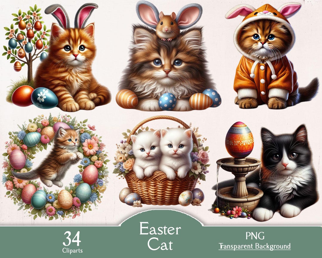 Easter Cat, 34 PNG Cliparts, Easter Bundle, Easter Clipart, Watercolor ...