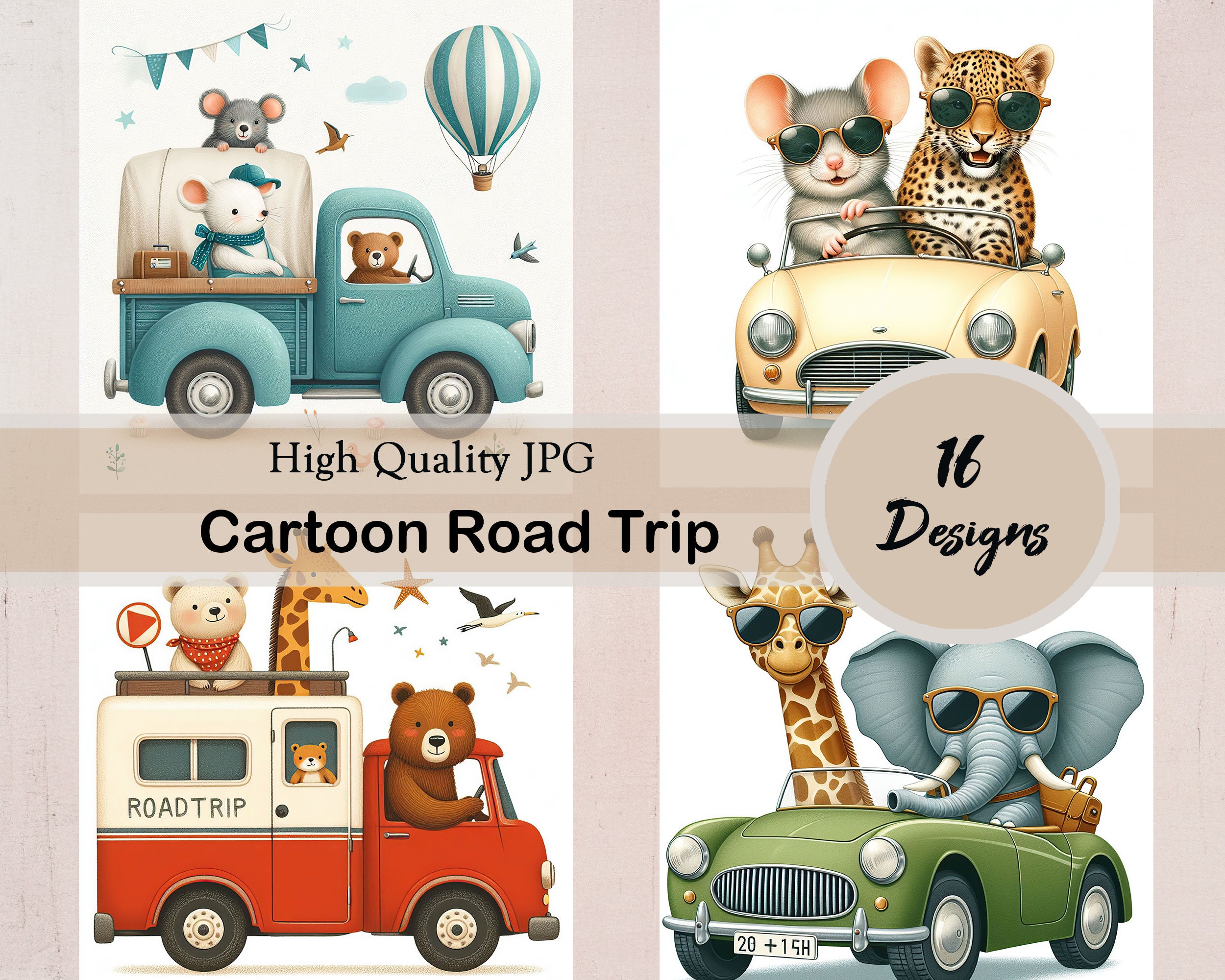 Cartoon Road Trip, 16 JPG Images, Clipart, Nursery, Baby Room, Baby ...