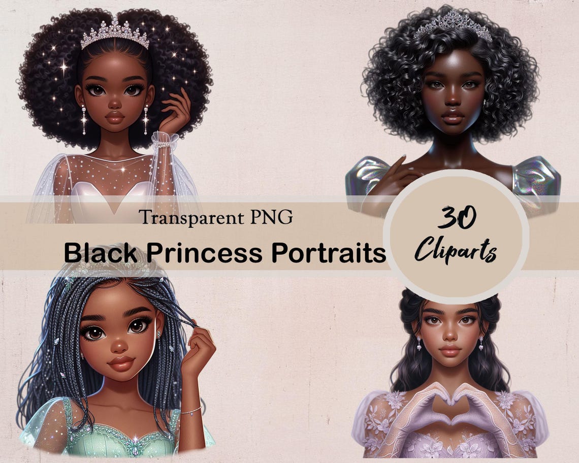 Black Princess Portraits Clipart Bundle, 30 PNG Cliparts, African ...