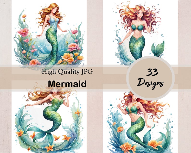 Mermaid, 33 JPG Images, Mermaid Clipart, Printable, Watercolor, Clipart ...