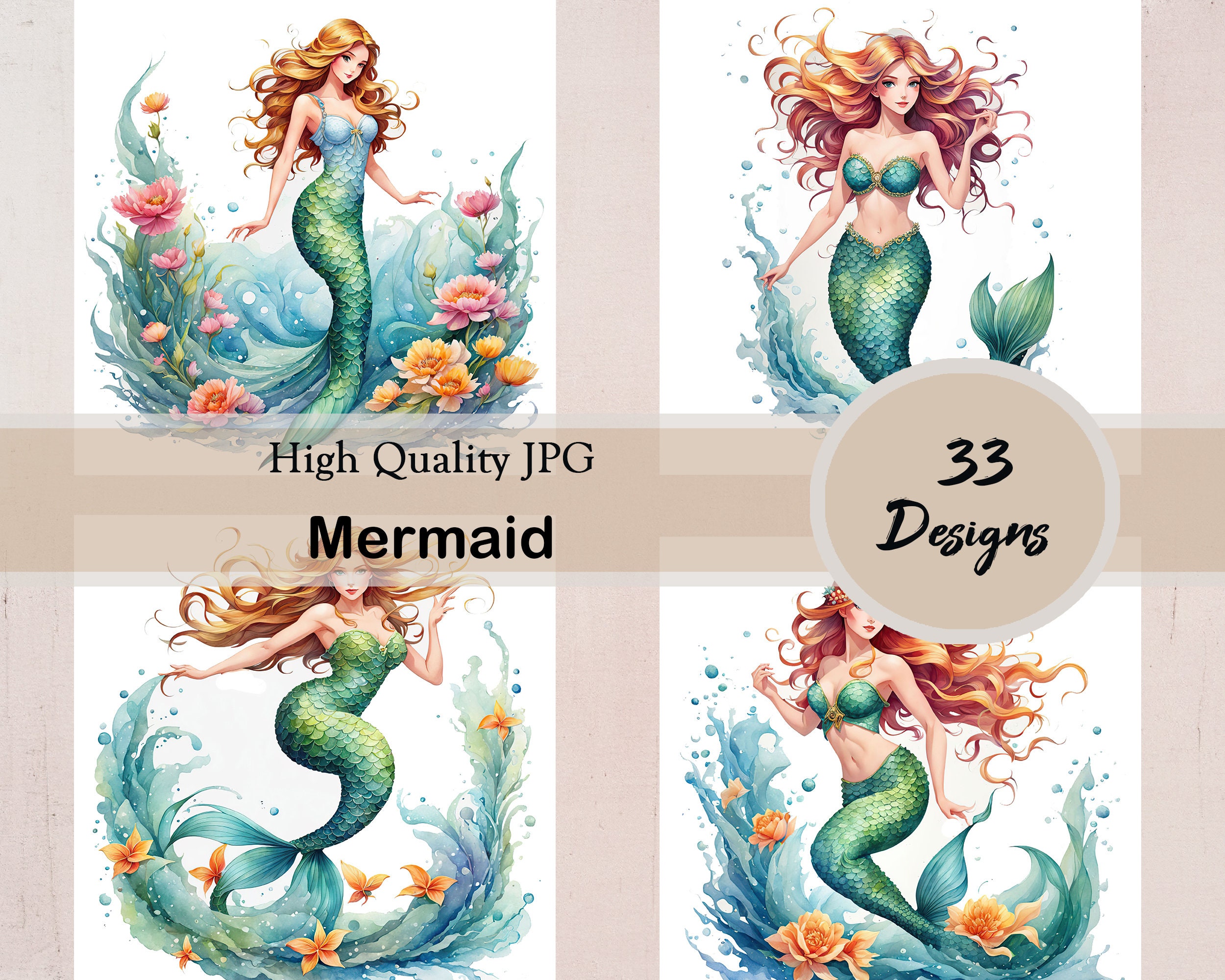 Mermaid, 33 JPG Images, Mermaid Clipart, Printable, Watercolor, Clipart ...