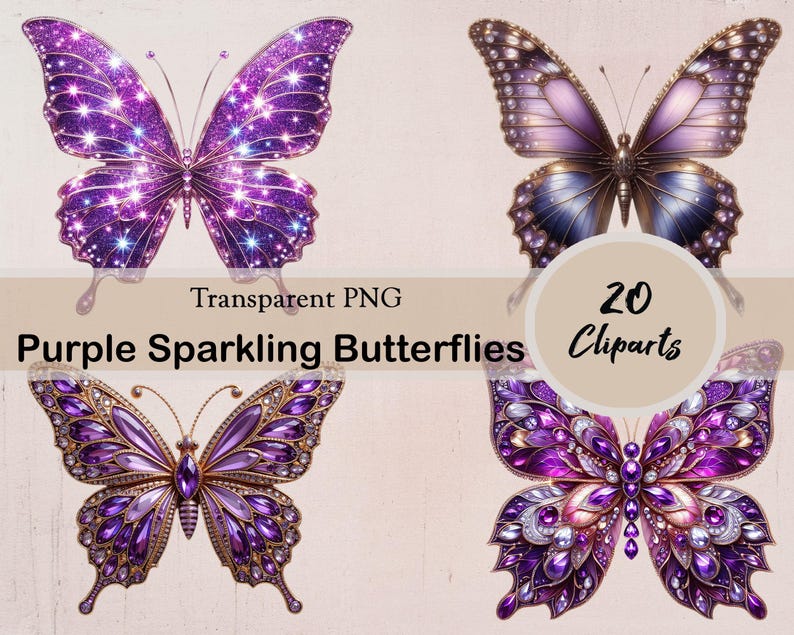 Purple Sparkling Butterfly, Glitter Butterfly, 20 PNG Cliparts, Wedding ...