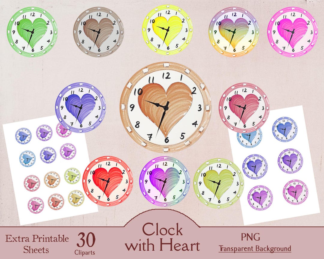 Clock With Heart, 30 PNG Cliparts, Printable Sheets, Love Clocks, Heart ...