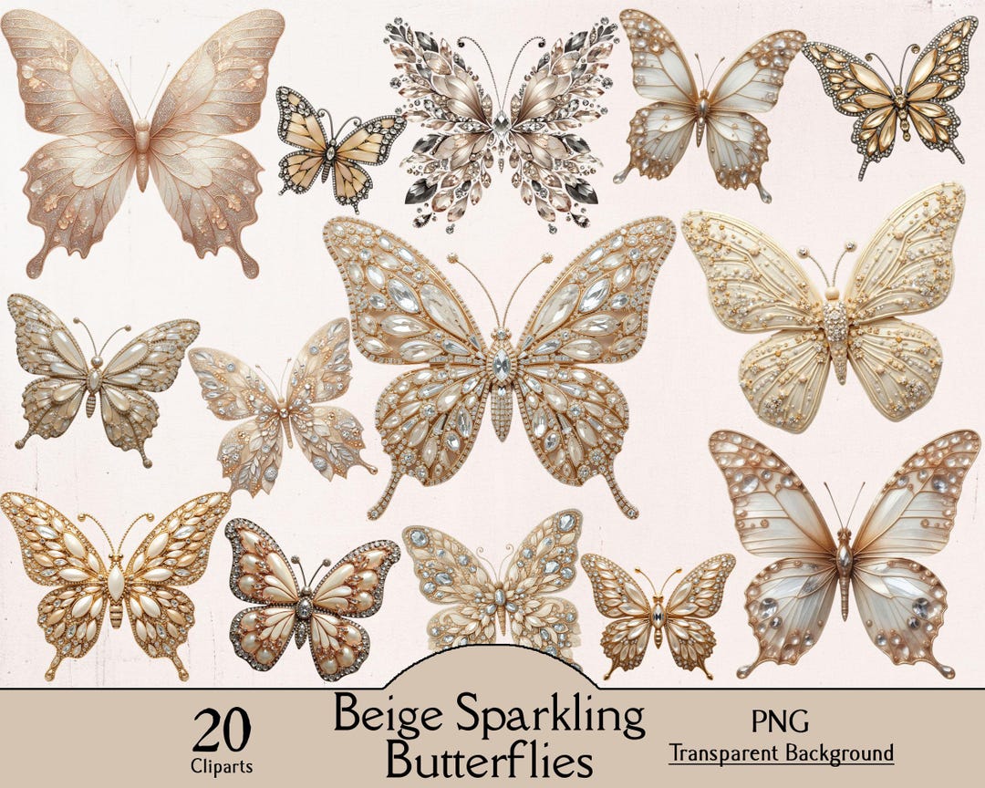 Beige Sparkling Butterfly, Glitter Butterfly, 20 PNG Cliparts, Wedding ...