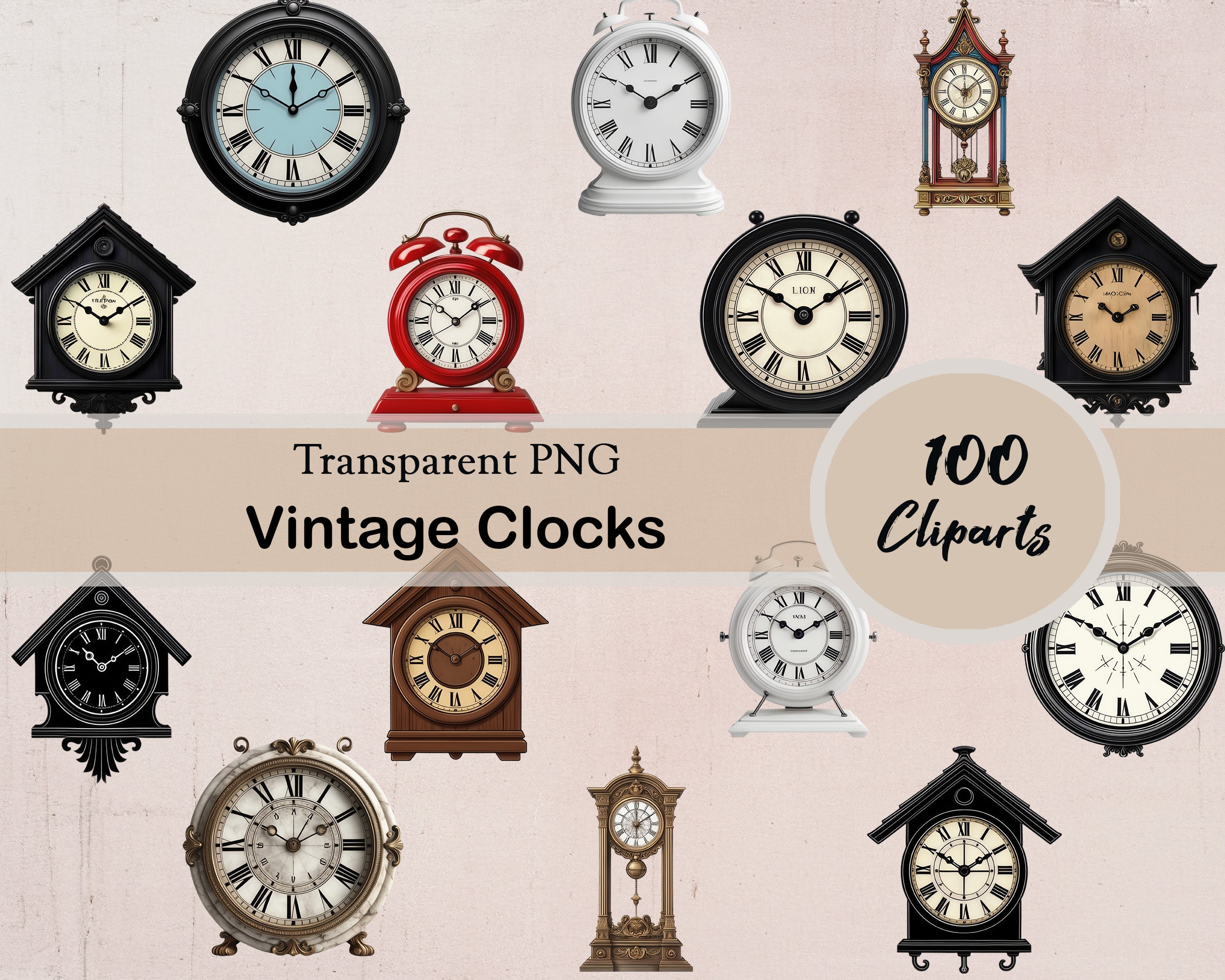 Vintage Clocks, 100 PNG Cliparts, Wall Clocks, Clocks, Retro, Old ...