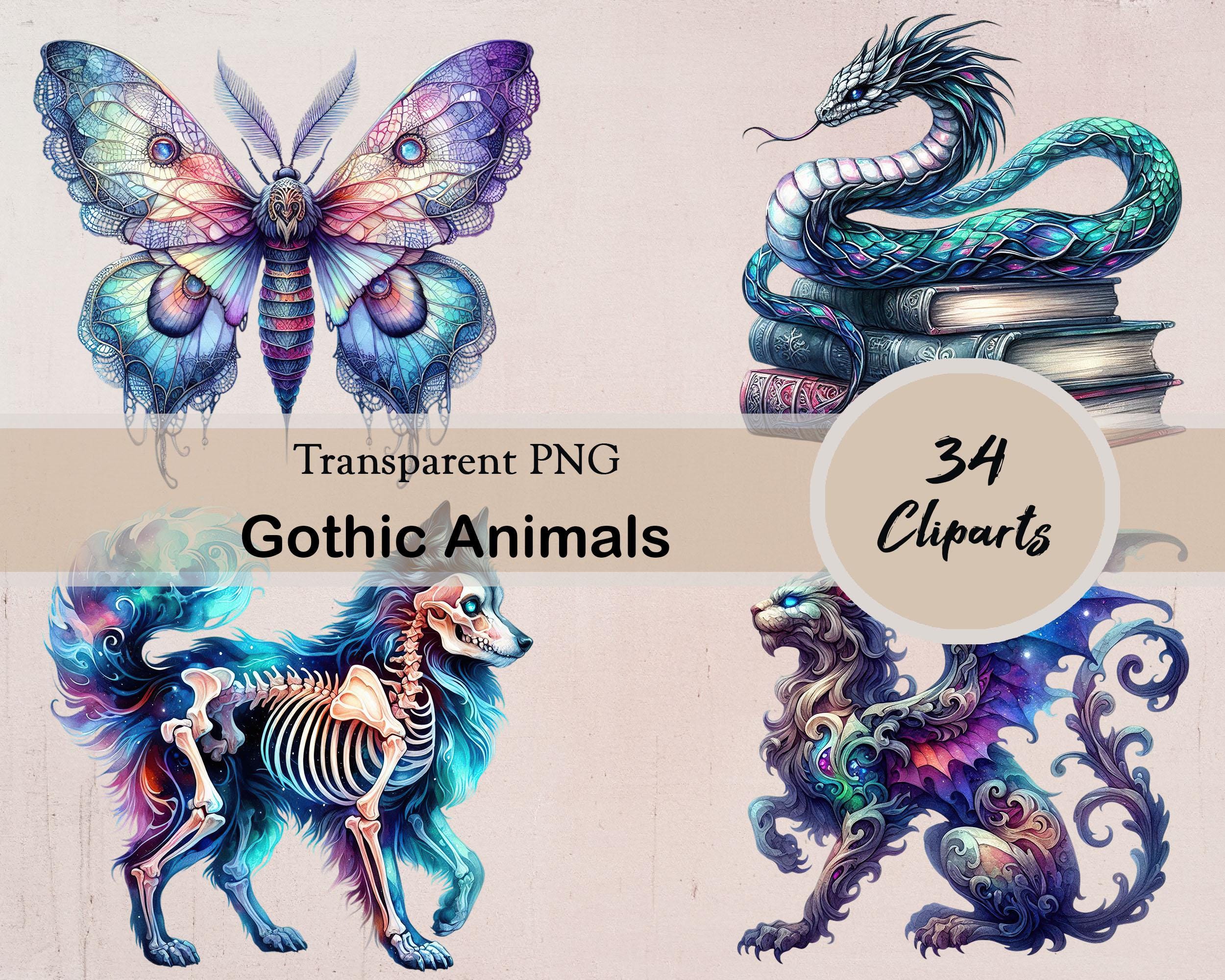 Watercolor Gothic Animals, 34 PNG Cliparts, Watercolor Ethereal Animals ...