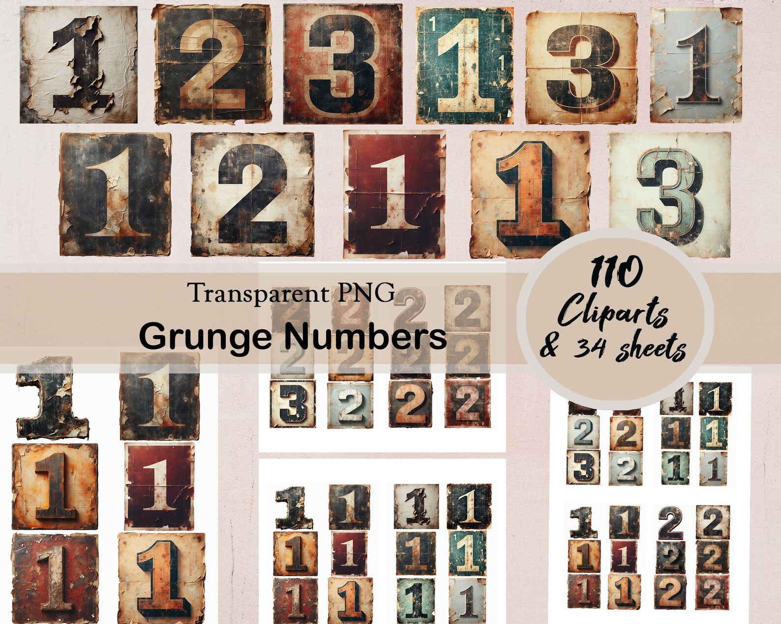 Grunge Numbers, Vintage Labels, 110 PNG Cliparts, Printable Sheets ...