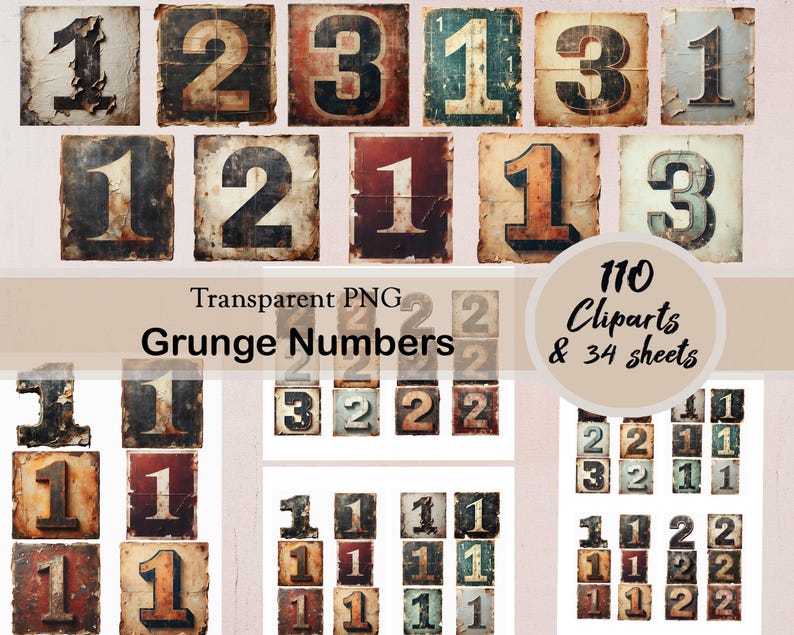 Grunge Numbers, Vintage Labels, 110 PNG Cliparts, Printable Sheets ...