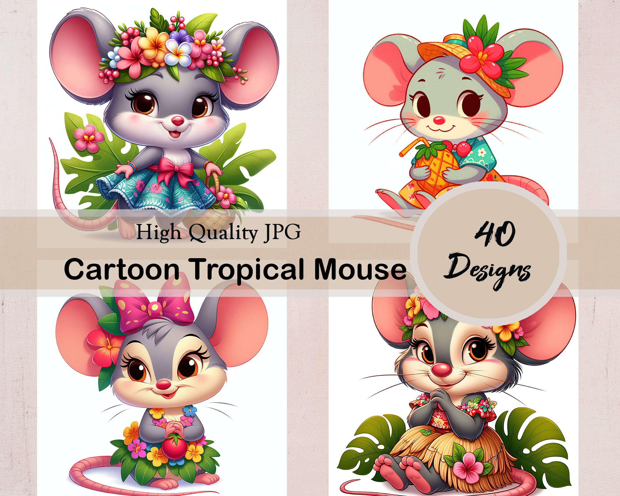 Cartoon Tropical Mouse, 40 JPG Images, Cartoon Mouse, Nursery, Baby ...