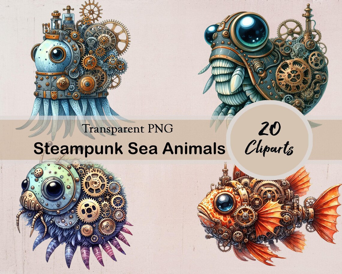 Steampunk Sea Animals, 20 PNG Cliparts, Underwater Clipart, Ocean ...