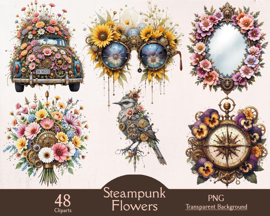 Steampunk Flowers, Steampunk Floral Cliparts, 48 PNG Steampunk Cliparts ...