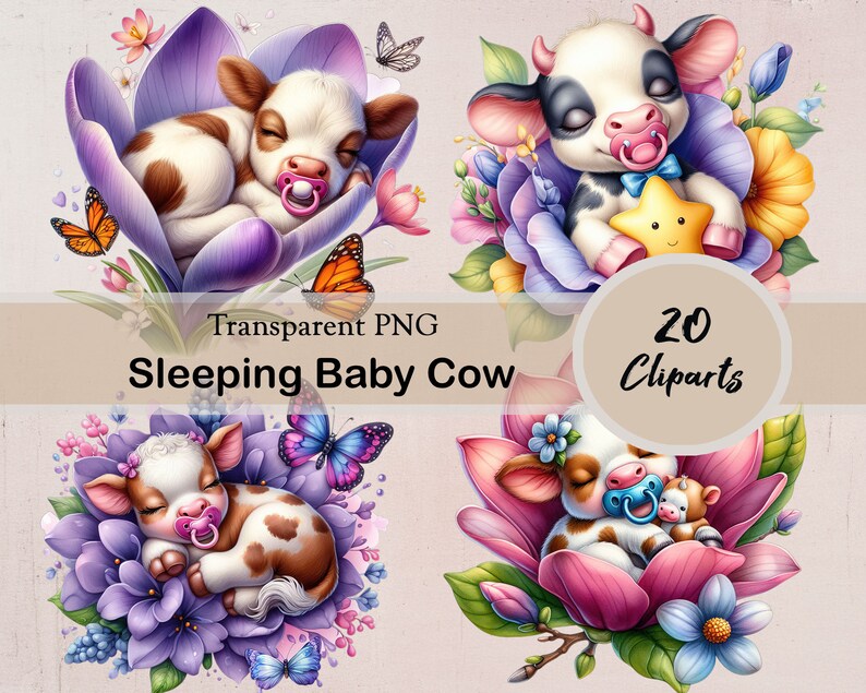 Sleeping Baby Highland Cow, Clipart, 20 PNG, Cute Cow, Clipart, Baby ...