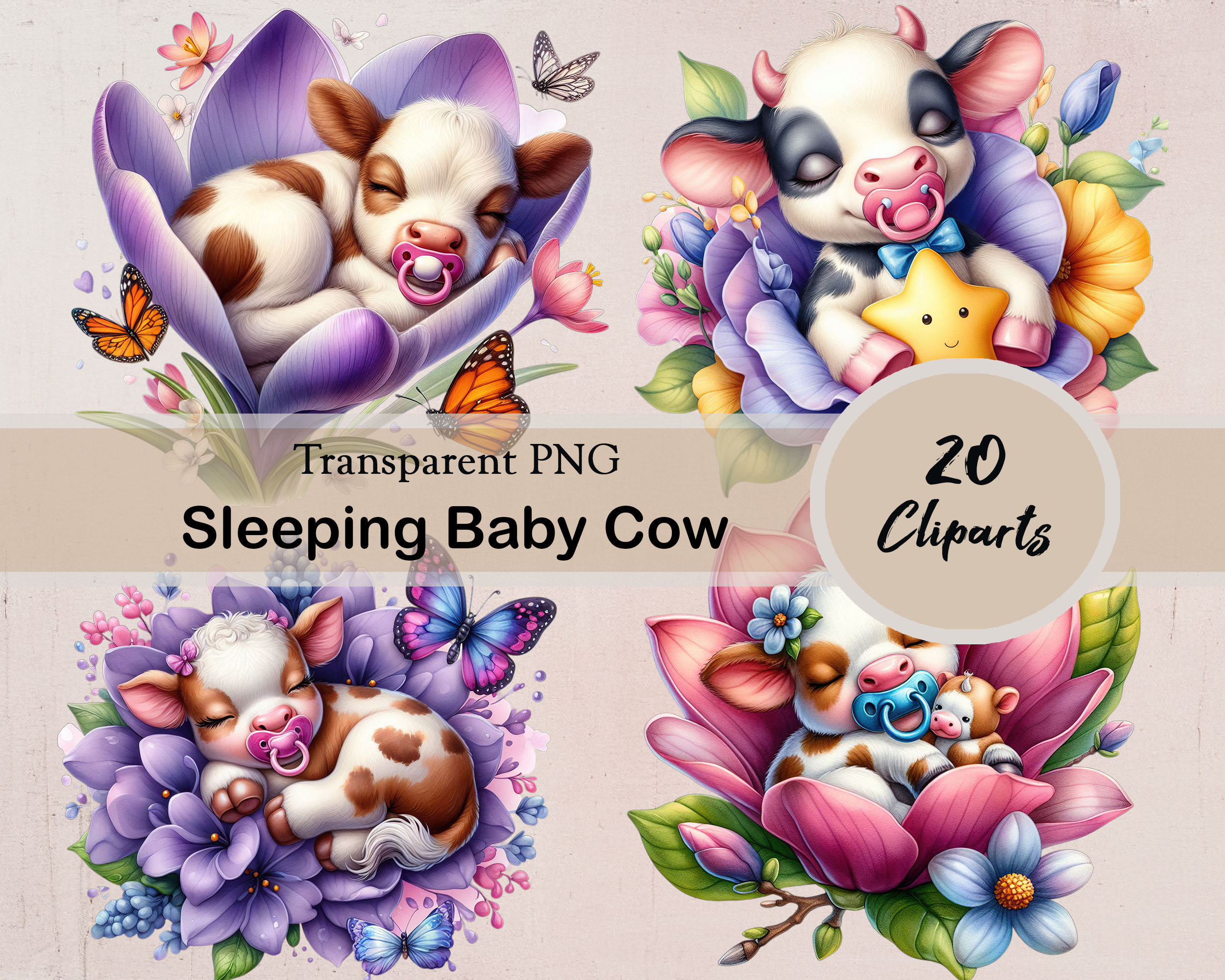 Sleeping Baby Highland Cow, Clipart, 20 PNG, Cute Cow, Clipart, Baby ...