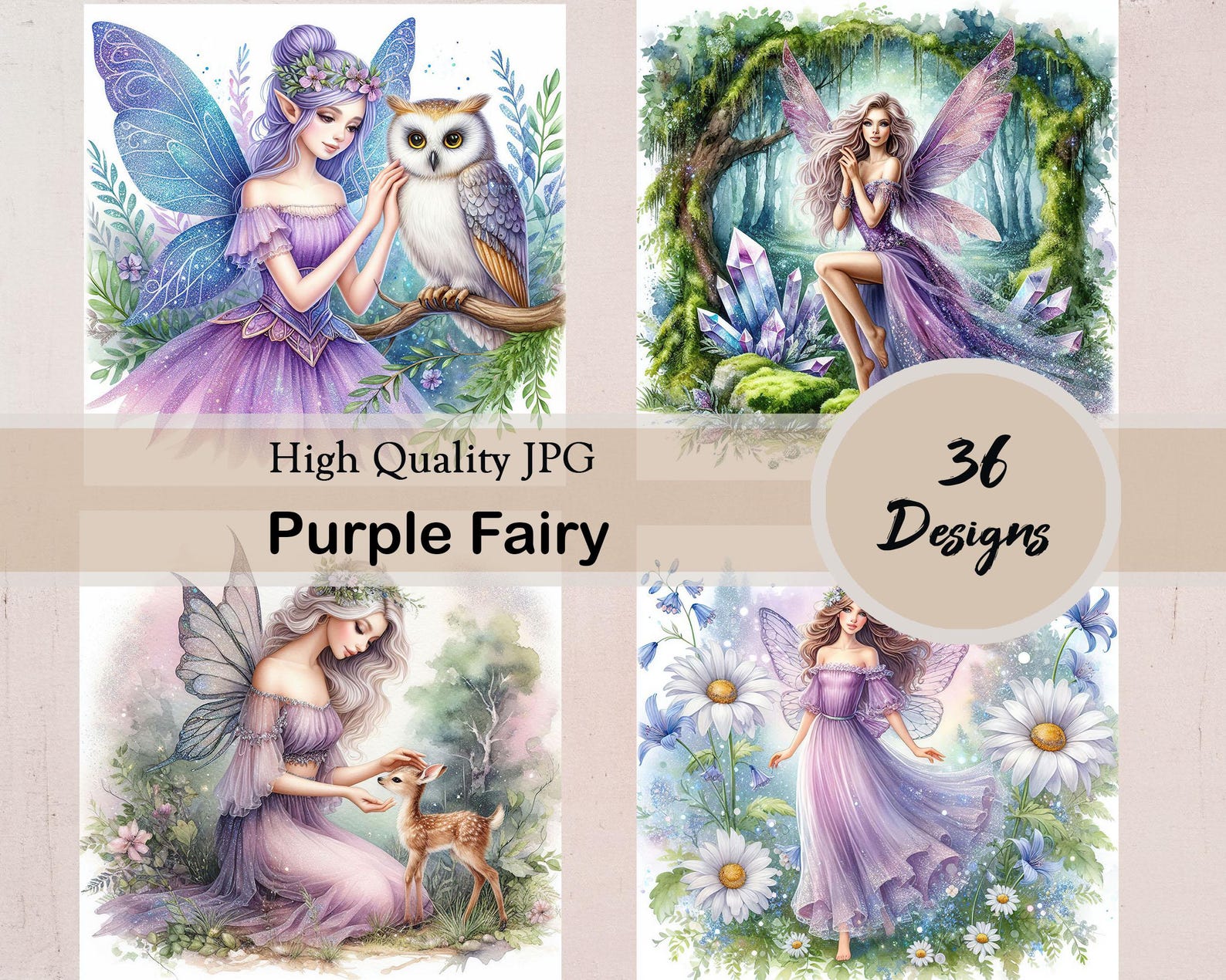 Watercolor Purple Fairy Clipart, Glittery Fantasy Fairy, 36 JPG Images ...