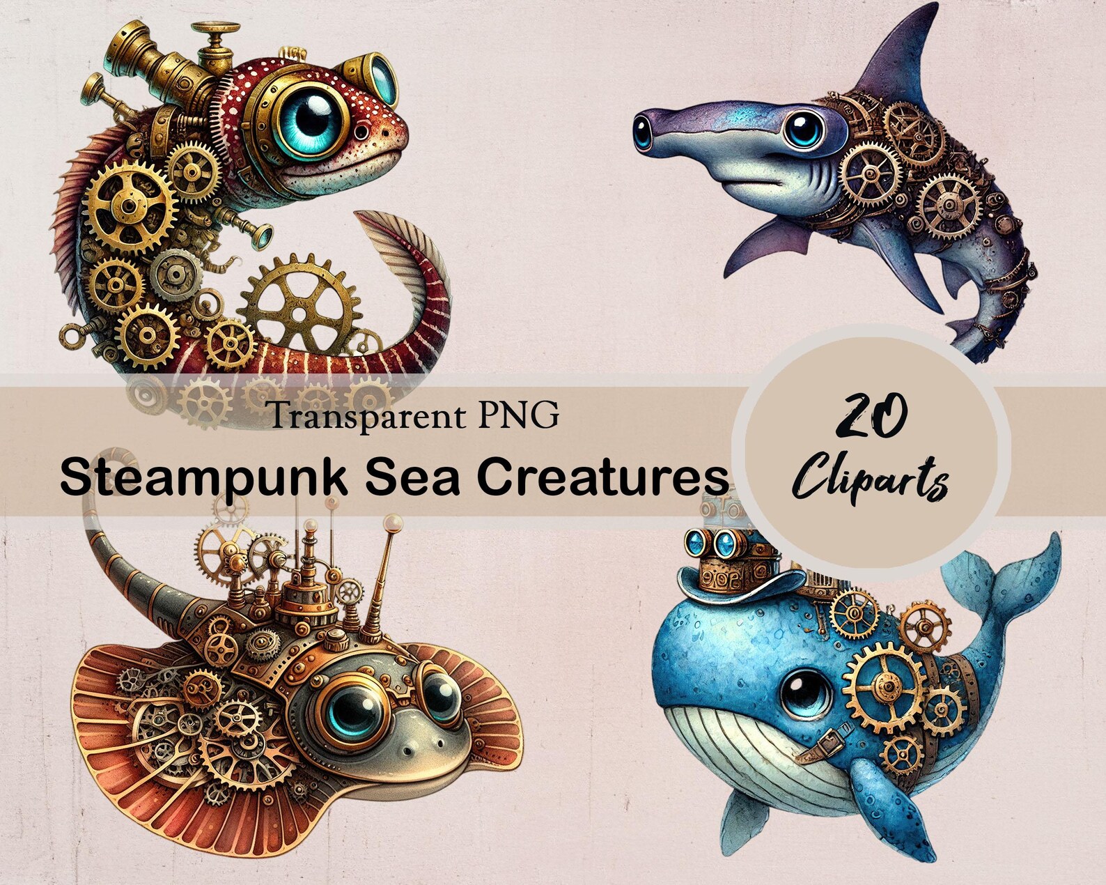 Steampunk Sea Animals, 20 PNG Cliparts, Underwater Clipart, Ocean ...