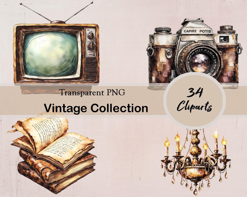Vintage Collection Clipart, 34 PNG Cliparts, Old Things, Vintage ...