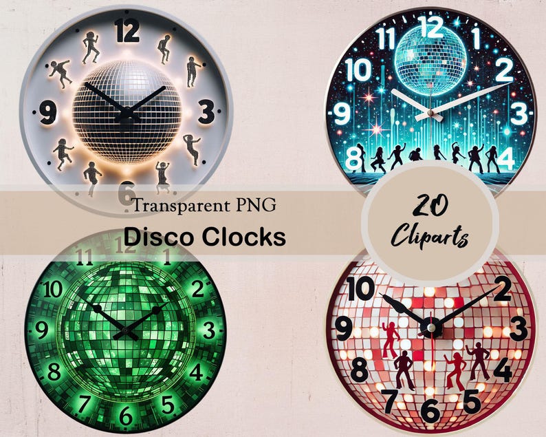 Disco Clocks, 20 PNG Cliparts, Disco Ball, Wall Clock, Mirror Ball ...