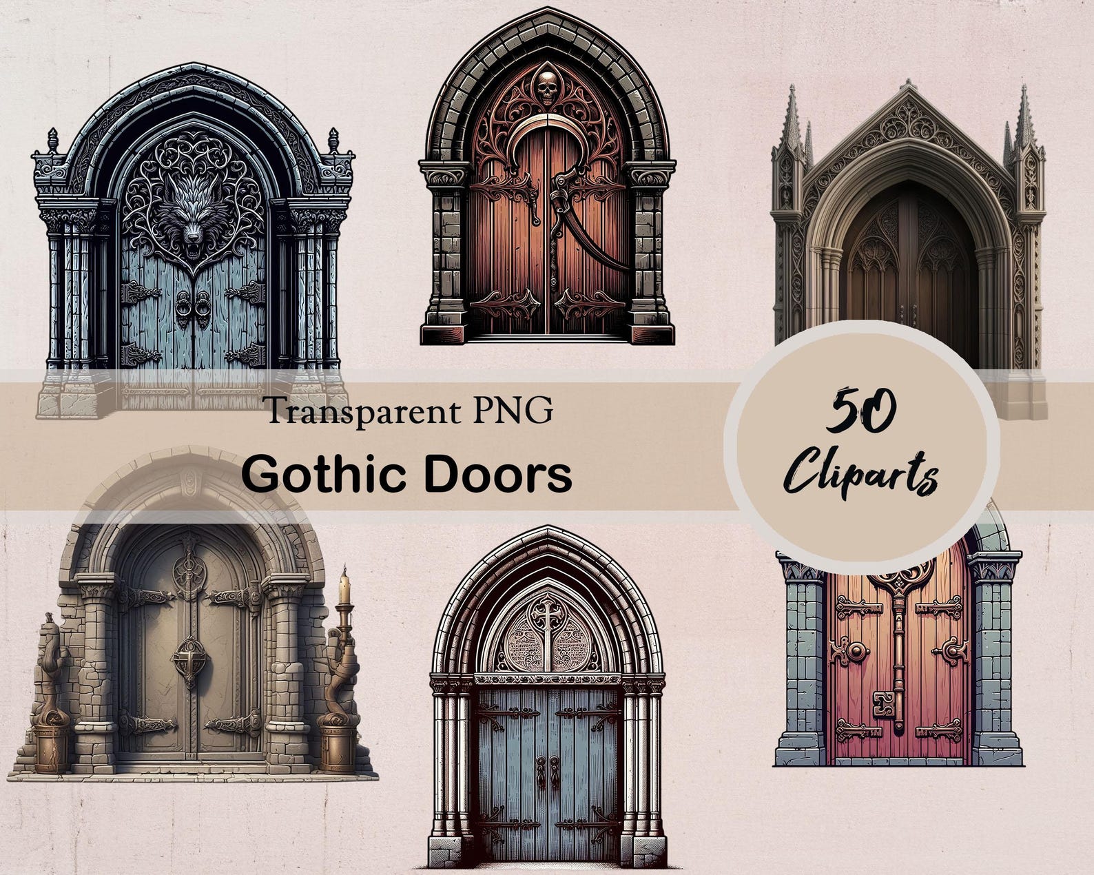 Gothic Doors, 50 PNG Cliparts, Fantasy Wooden Doors, Dungeon Entrance ...